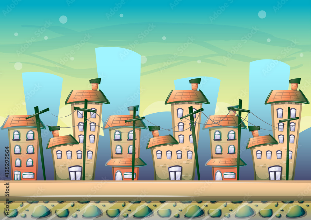cartoon vector building background with separated layers for game art ...