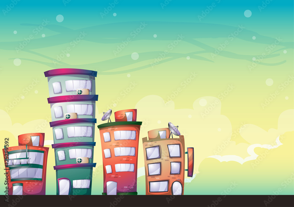 cartoon vector building background with separated layers for game art ...