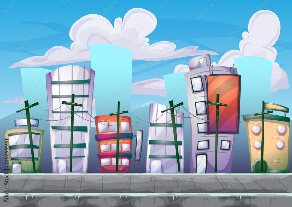 cartoon vector building background with separated layers for game art ...