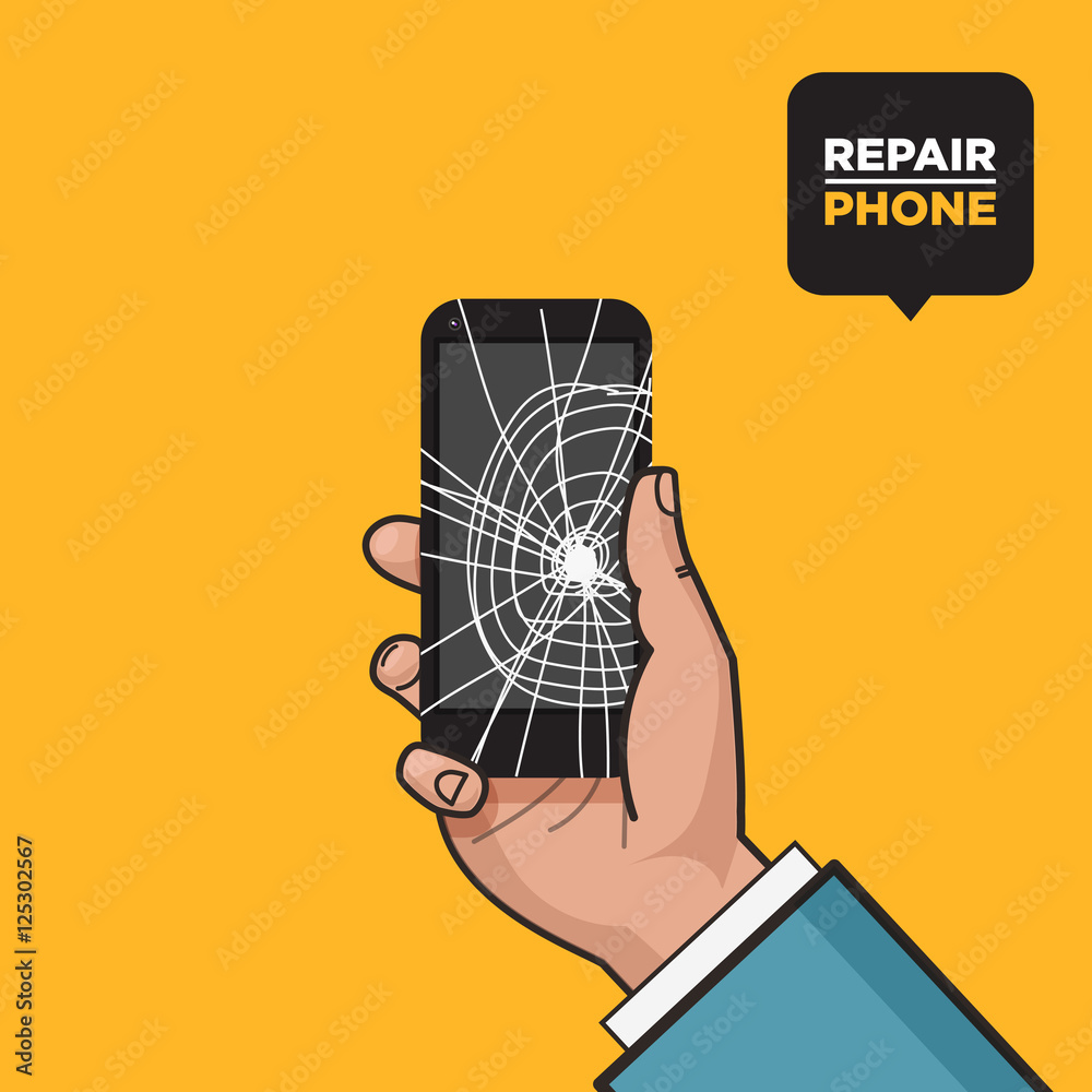 Smartphone with a cracked screen in a man's hand. Broken phone. Crack ...