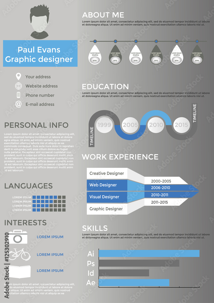 Flat resume info graphic design on grey background. Resume cv set with ...