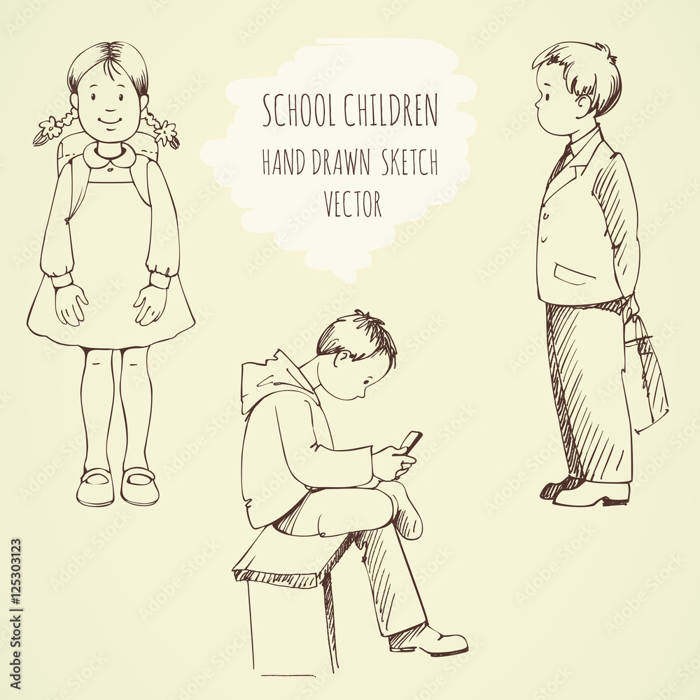 Sketch of school children. Hand drawn illustration. Stock Vector ...