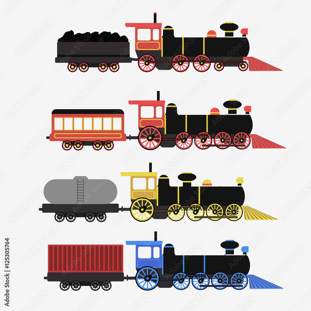 Collection of railway locomotives, passengers wagons and speed trains ...
