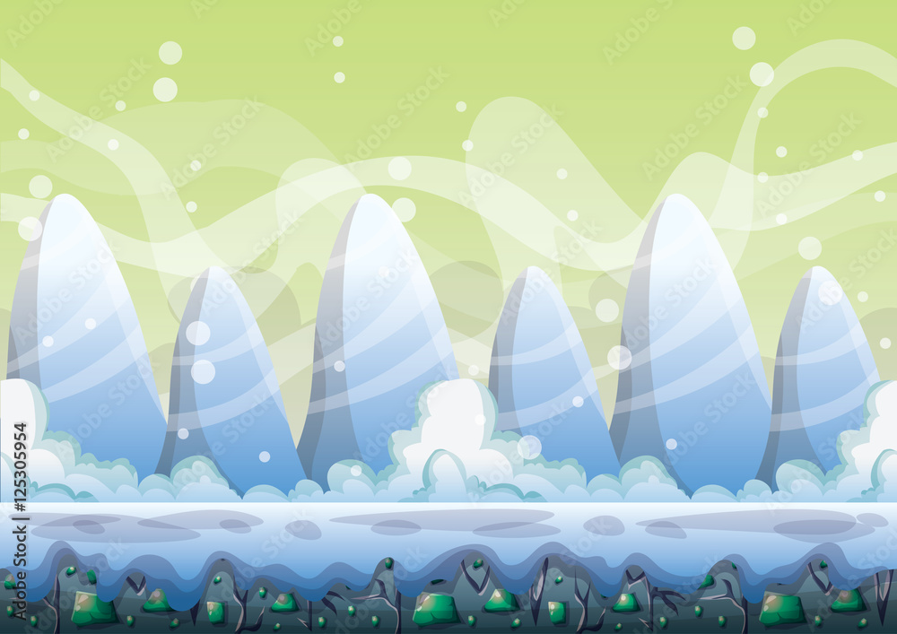 cartoon vector snow landscape background with separated layers for game ...