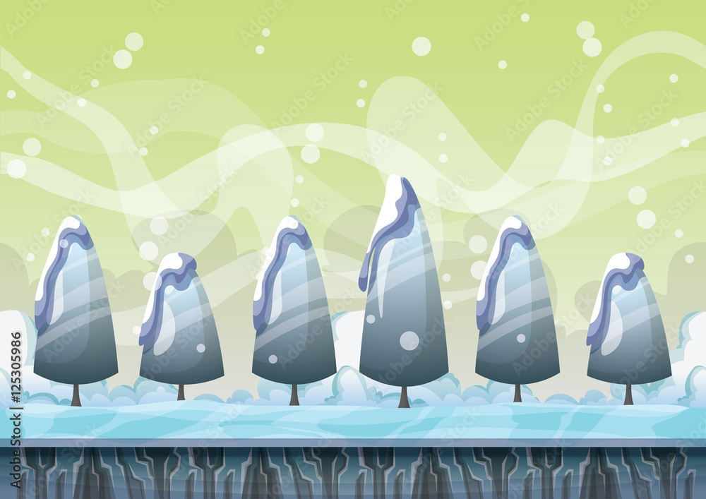 cartoon vector snow landscape background with separated layers for game ...
