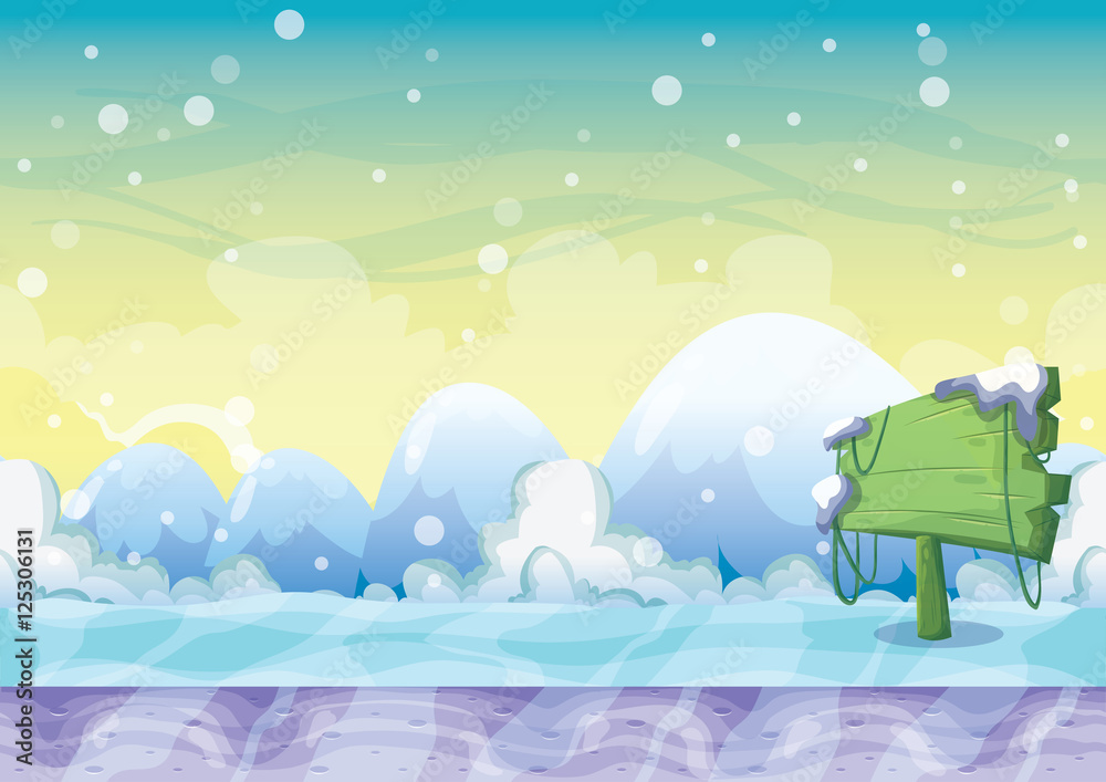 cartoon vector snow landscape background with separated layers for game ...