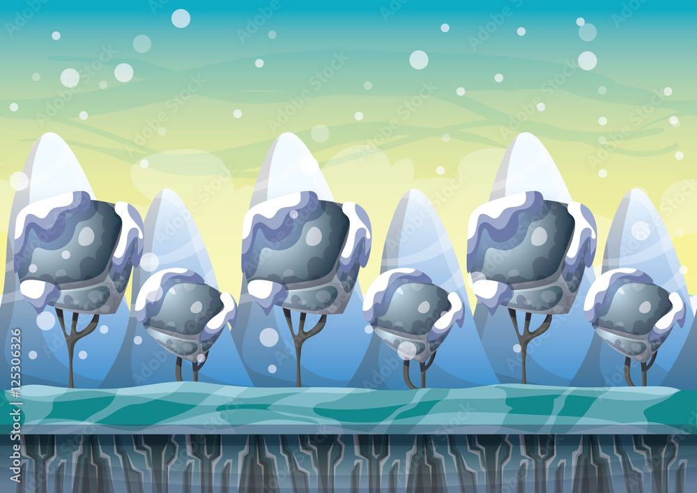 cartoon vector snow landscape background with separated layers for game ...