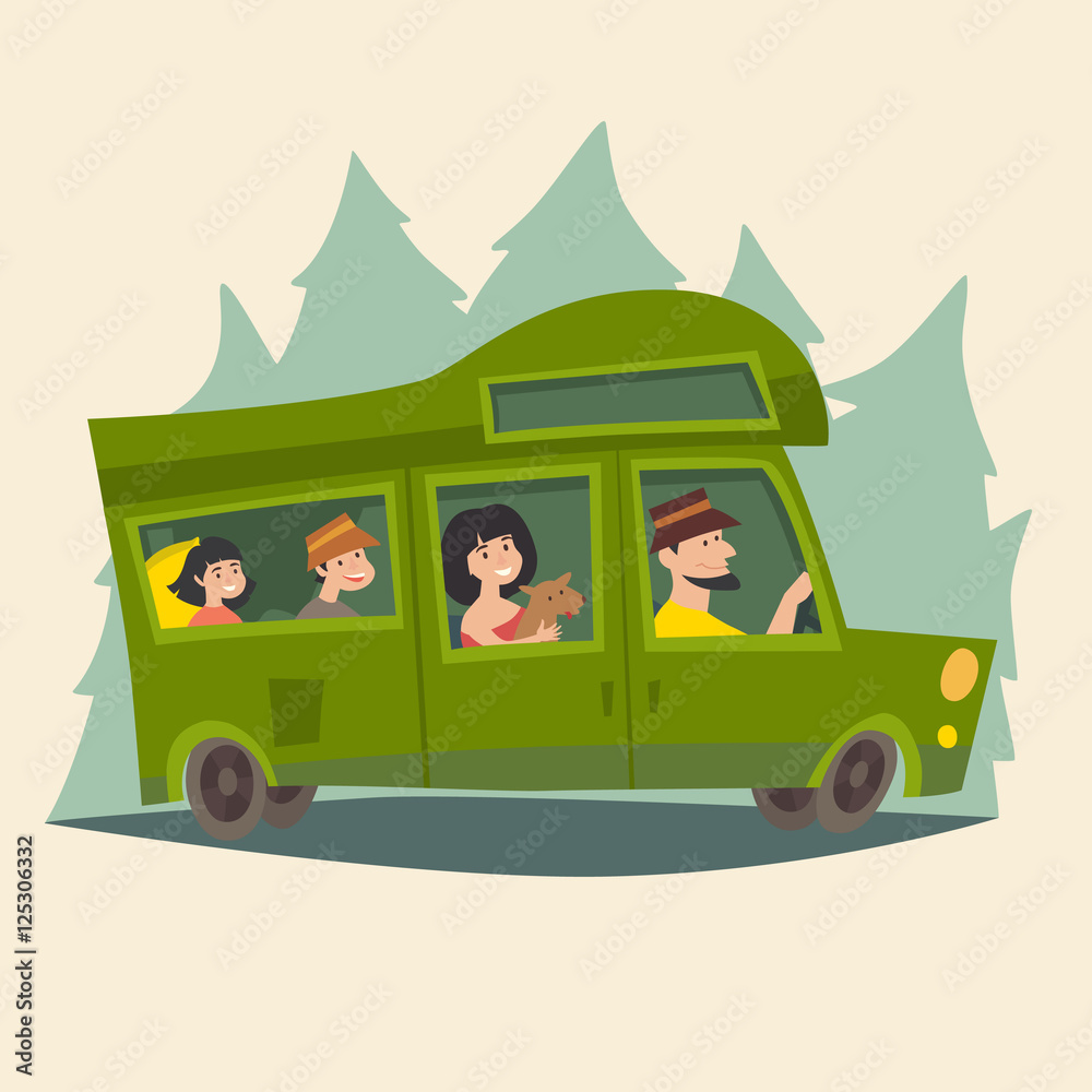 Traveling happy family. Caravan mobil home. Tourism, cartoon character ...