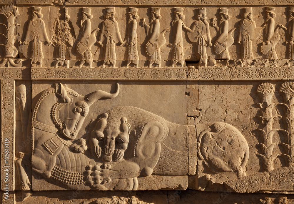 Combat of Lion vs Bull Carved on the Staircase Wall of Persepolis Ruins ...