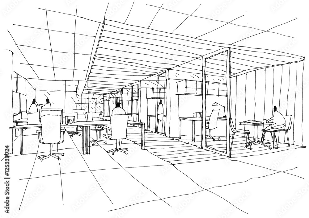 Outline sketch drawing and paint of a interior space,workstation office ...