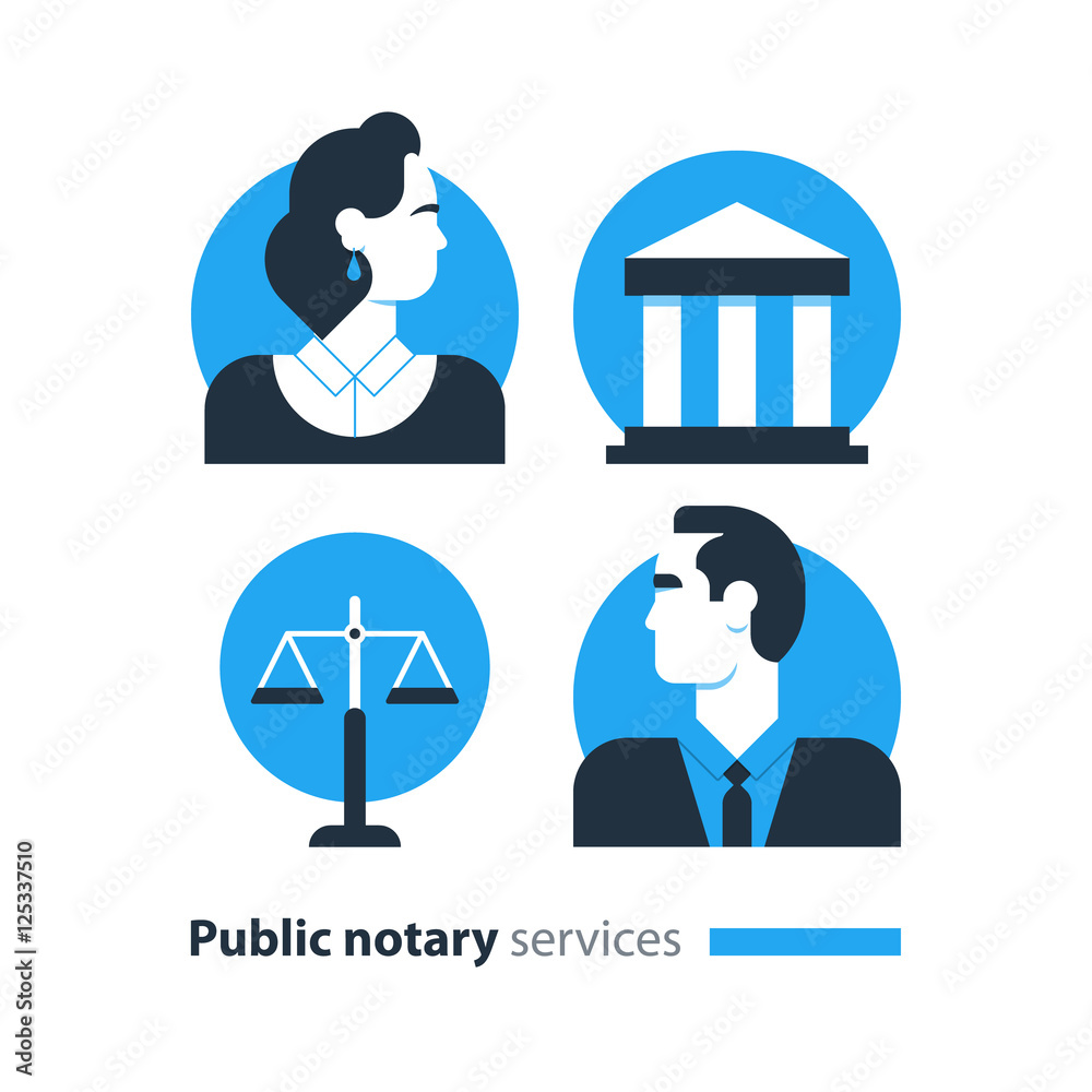 Public notary services icons set, law firm man advocacy consult ...