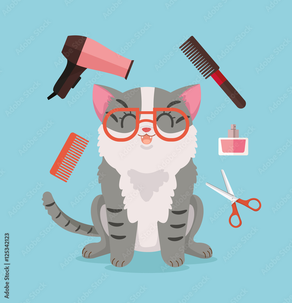 Cat grooming. Happy cat character. Vector flat cartoon illustration ...