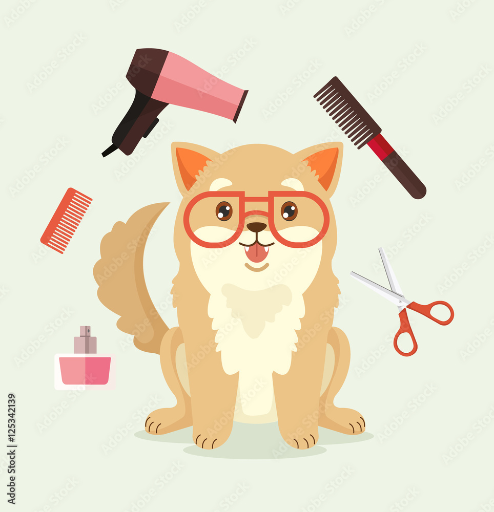 Dog grooming. Happy dog character. Vector flat cartoon illustration ...