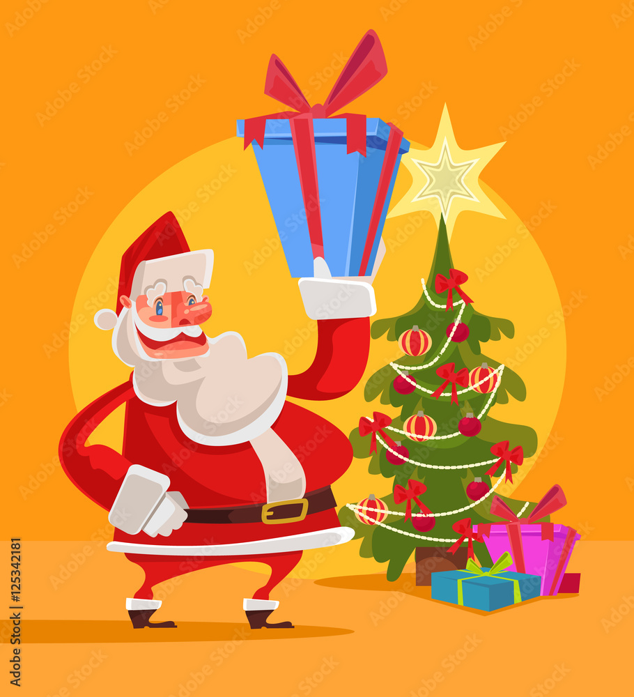 Santa Claus hold gift box with Christmas tree. Marry Christmas. Happy ...