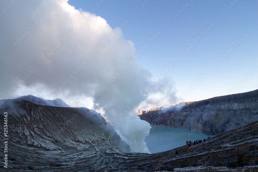 white smoke from the solfataras of Ijen volcano, Java island Stock ...