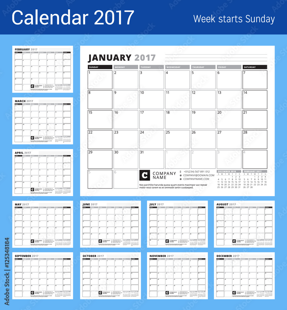 Vetor de Calendar Planner for 2017 Year. Week Starts Sunday. Black and ...