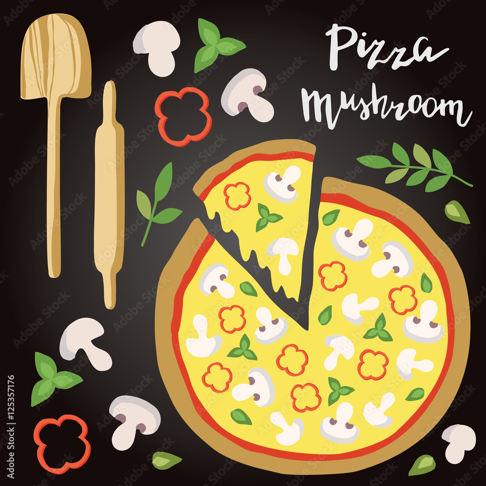 Vector illustration of Mushroom Pizza with ingredients . Stock Vector ...