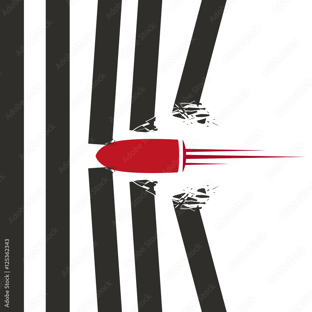 Red bullet shot smashed the walls on white background. Poster or flyer ...