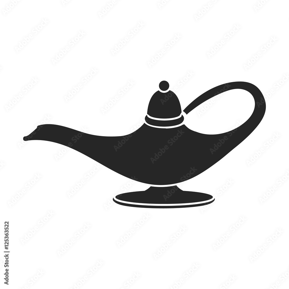 Genie's lamp icon in black style isolated on white background. Black ...
