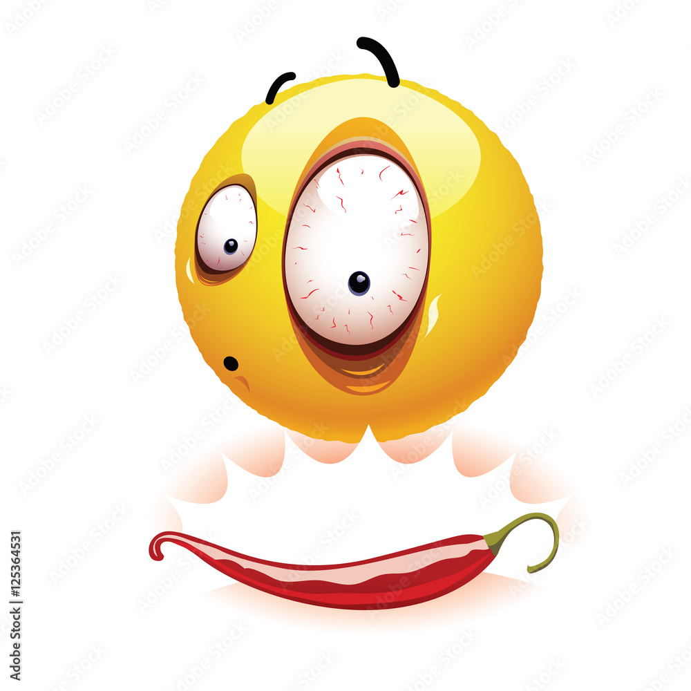 Smiley making funny faces while eating chili. Very hot chili pepper ...