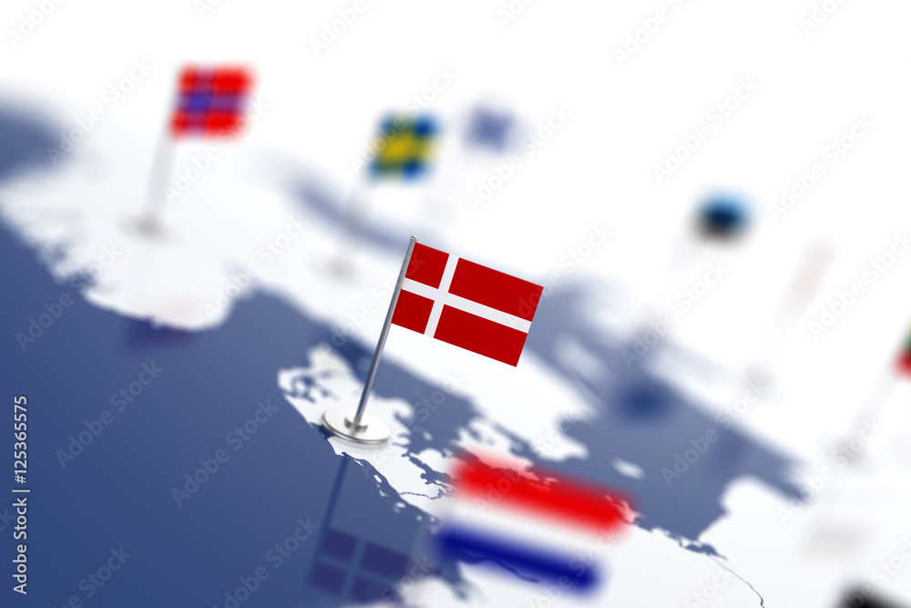 Denmark flag in the focus. Europe map with countries flags Stock Photo ...