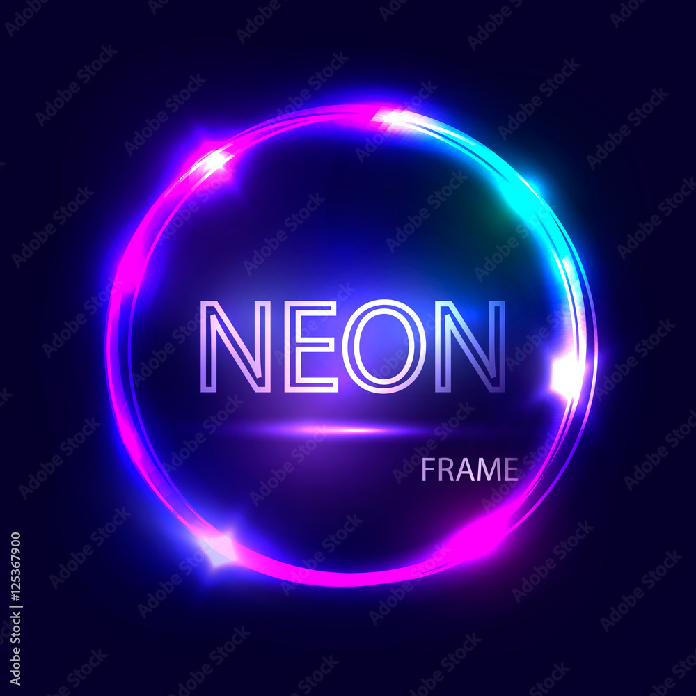 Neon round glowing frame. Electric circle on dark background. Light ...