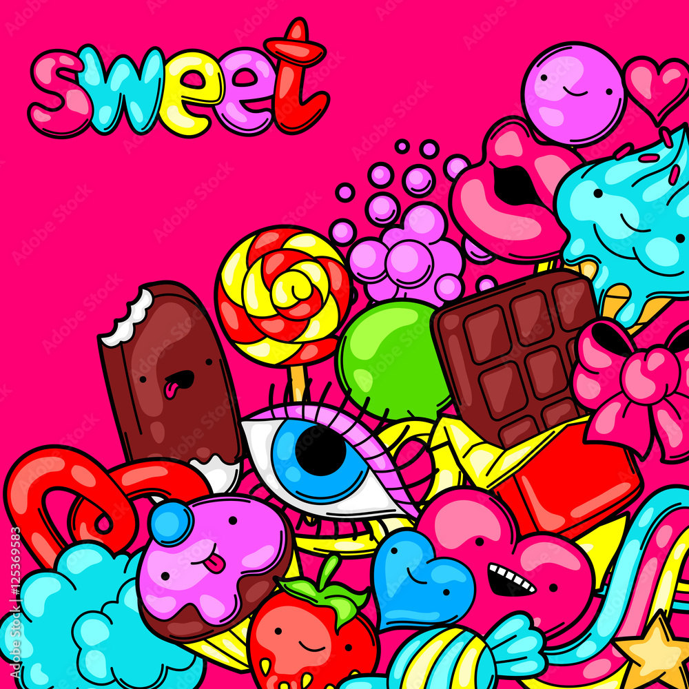 Kawaii background with sweets and candies. Crazy sweet-stuff in cartoon ...
