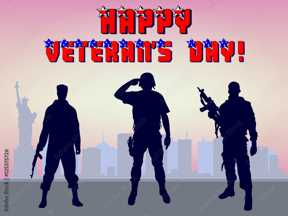 Illustration for the holiday, the Day of veterans, three soldiers, the ...