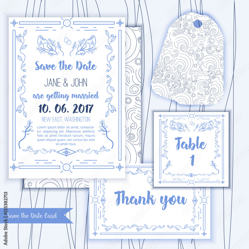 Printable Save the date with geometric blue frame in linear style ...
