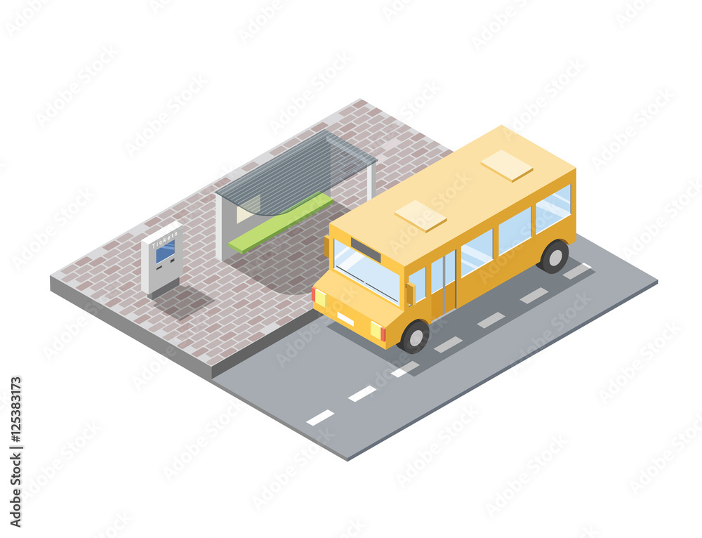 Vector isometric illustration of bus station with ticket sell terminal ...