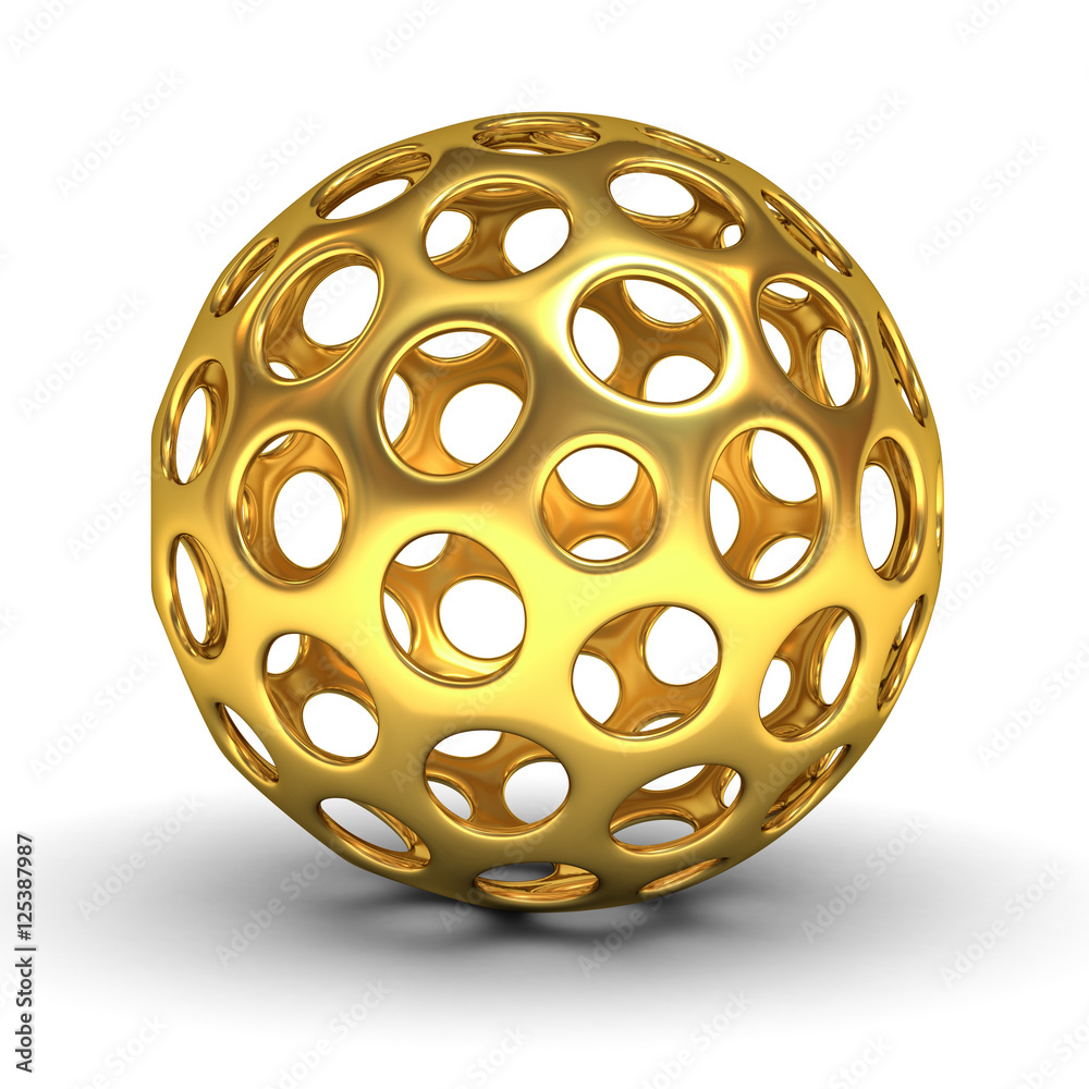Hollow gold sphere isolated over white background with shadow 3D ...
