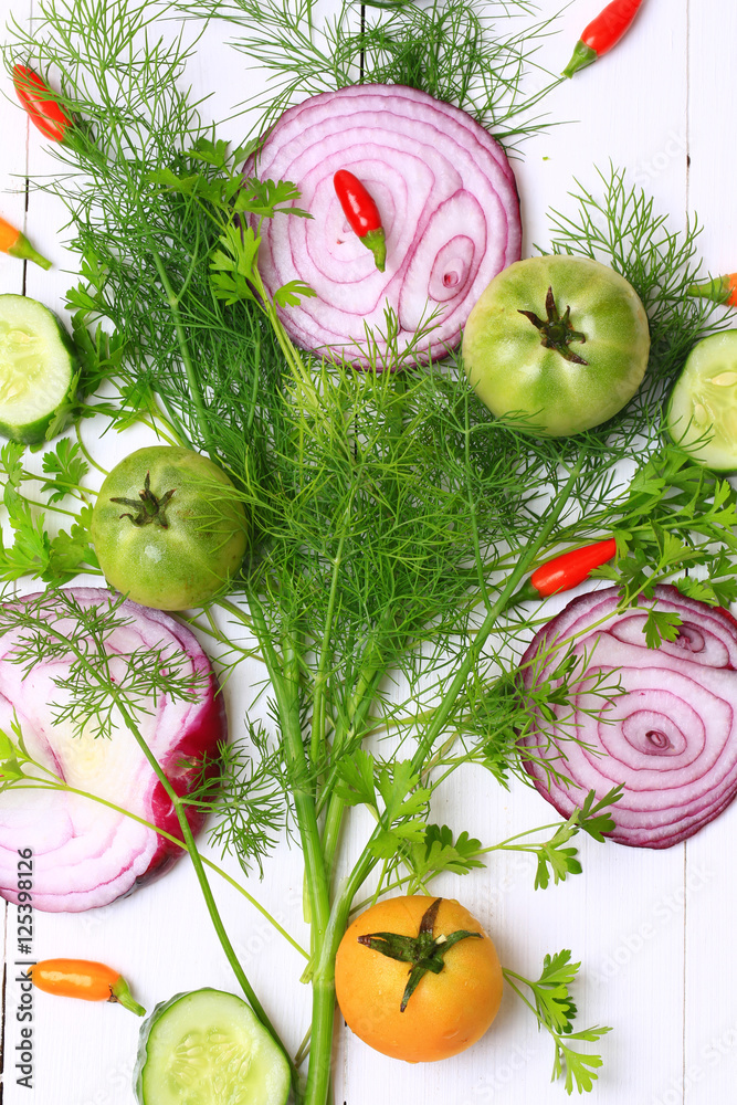 Cover for a cookbook magazine dill and coriander chilli tomato cucumber ...