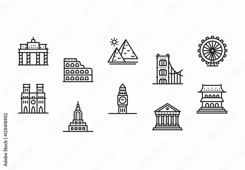 20 Black and White Famous Landmarks Icons Stock Template | Adobe Stock