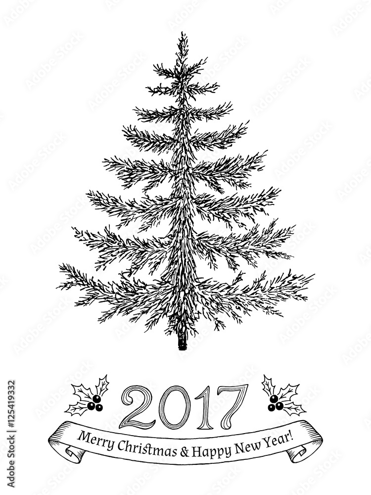 Hand drawn greeting card with christmas tree. Vector illustration ...