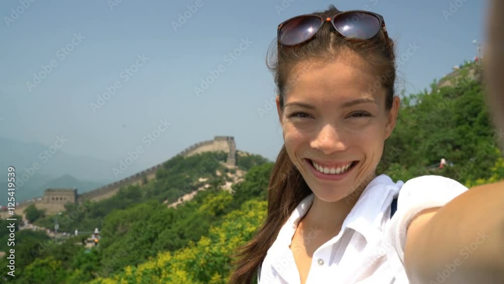 Great Wall of China. Tourist taking selfie video at famous Badaling ...