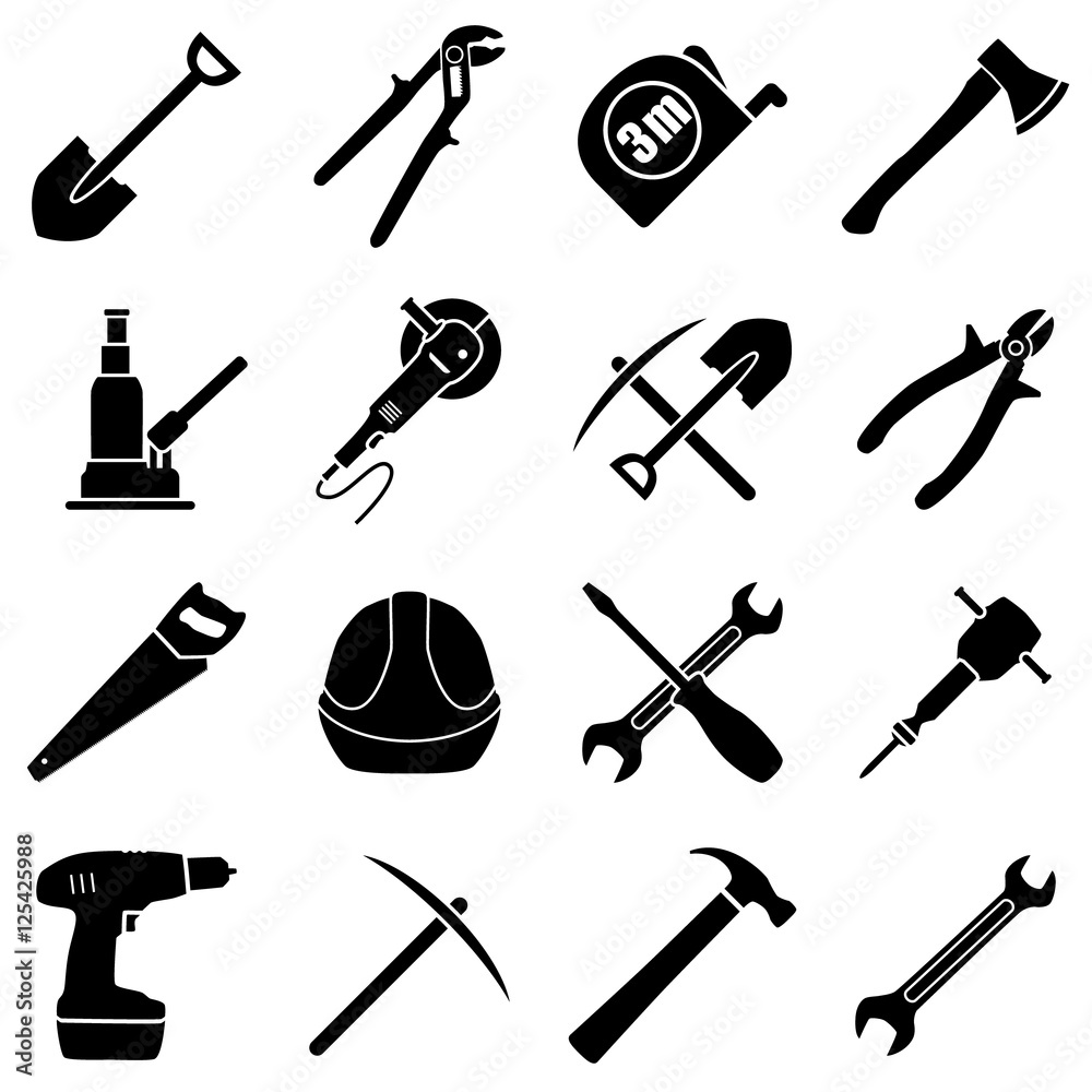 Set of sixteen black and white hand tools on a white background. Vector ...