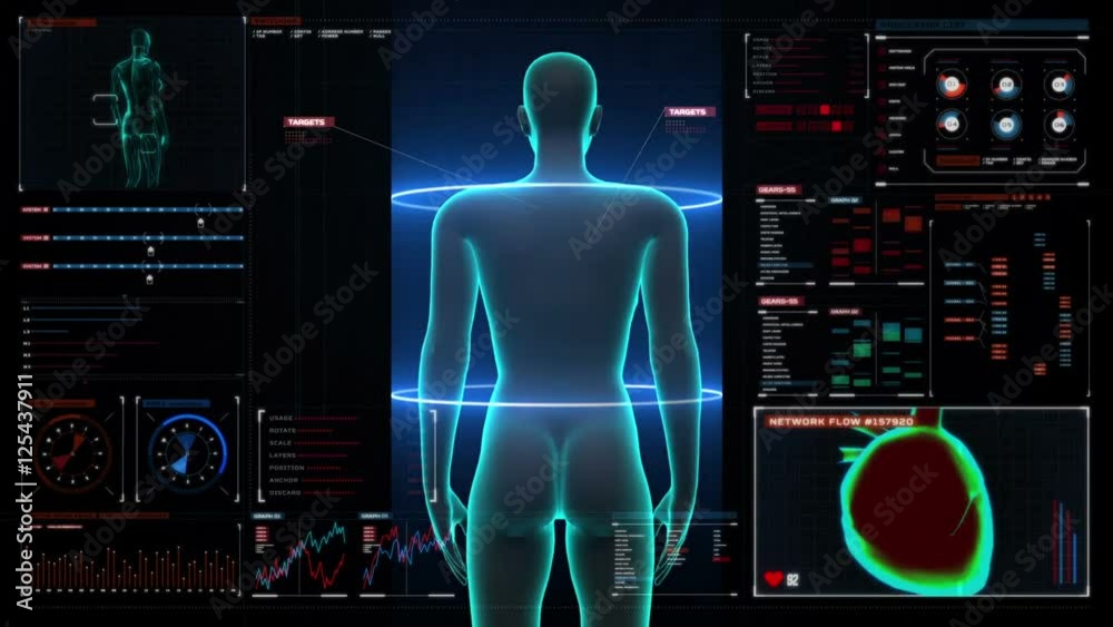 Female body scanning muscle structure in digital display dashboard. X ...