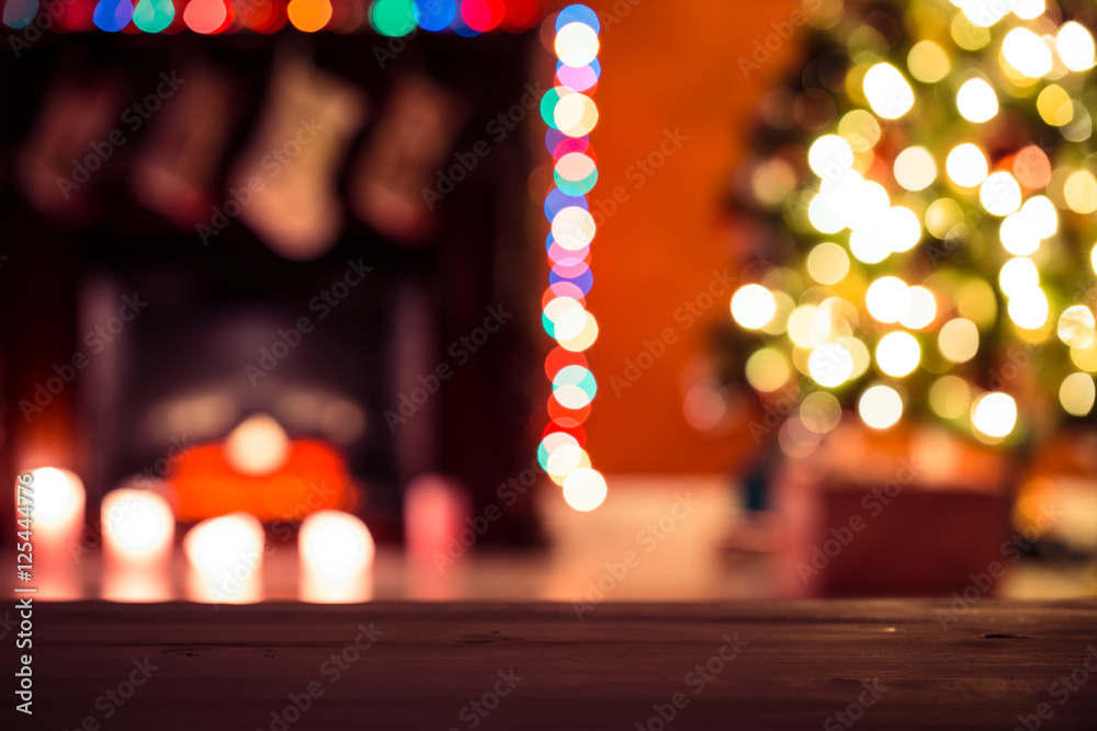 Poster Beautiful Defocused background new year room with decorated ...