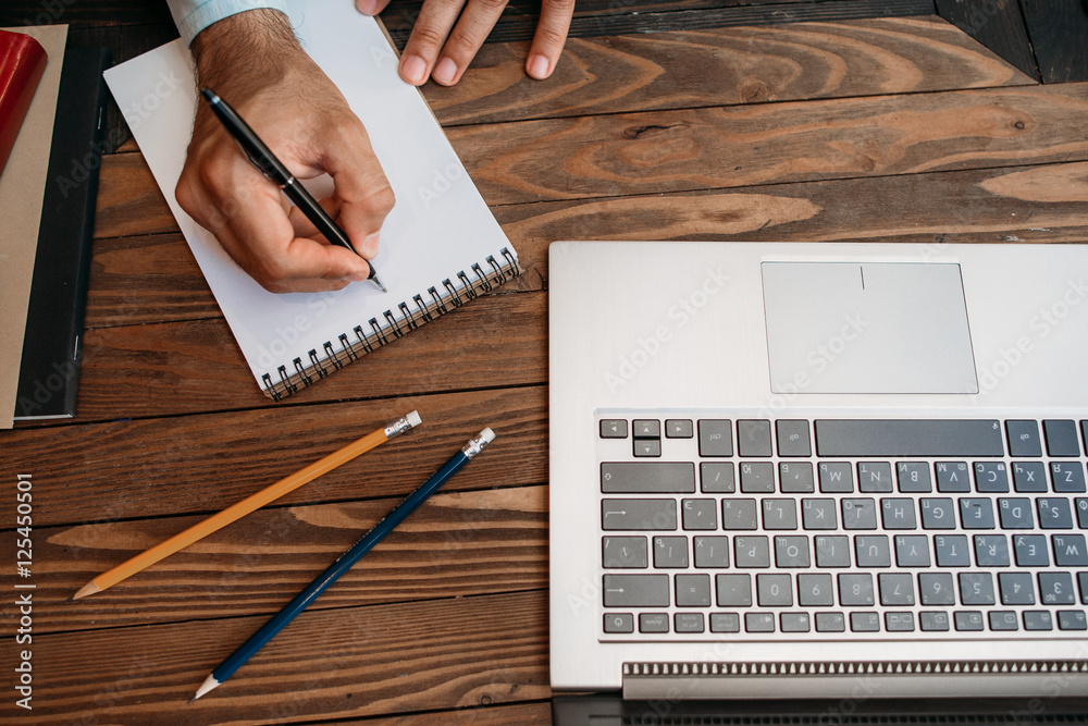 Drawing up plans for the year. Top view on working space. Flat lay ...