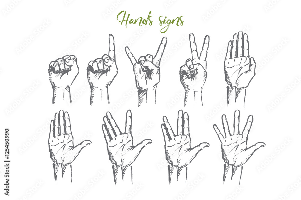 Vector hand drawn Hand signs concept sketch. Set of human palms with ...