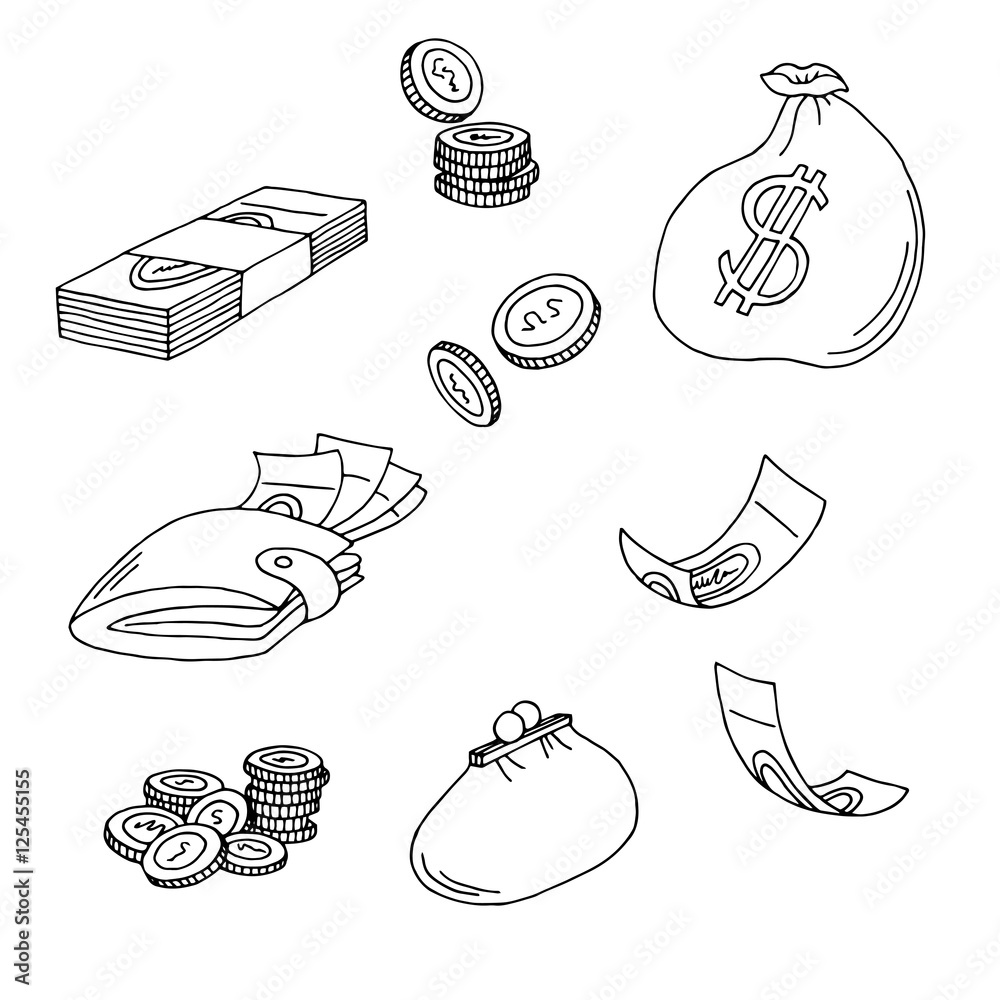 Money graphic set art black white sketch isolated illustration vector ...