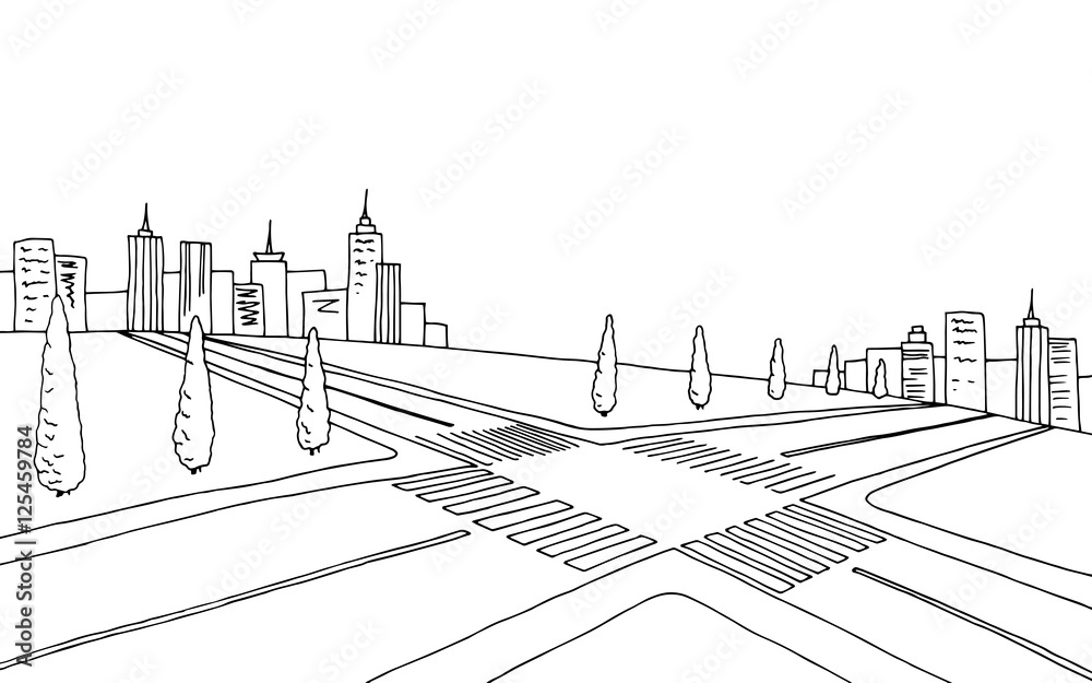 Crossroad graphic art black white landscape sketch illustration vector ...