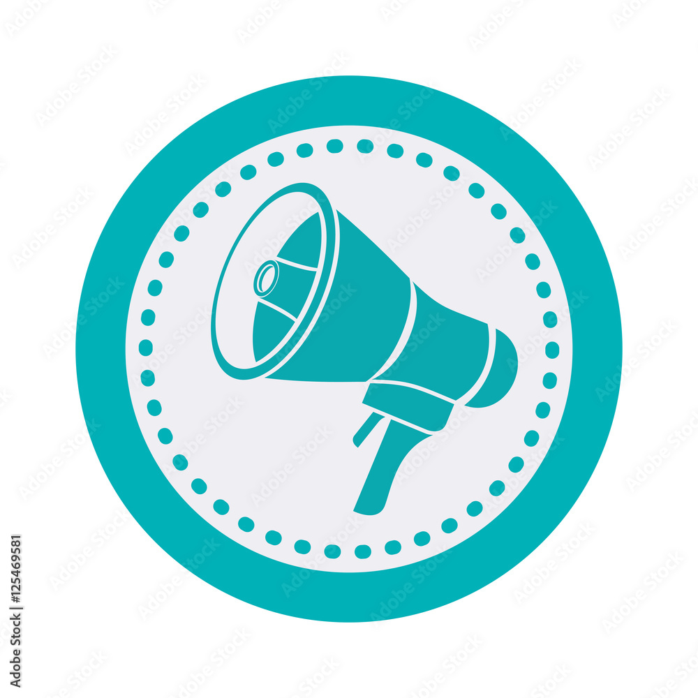 button with megaphone audio device icon inside over white background ...