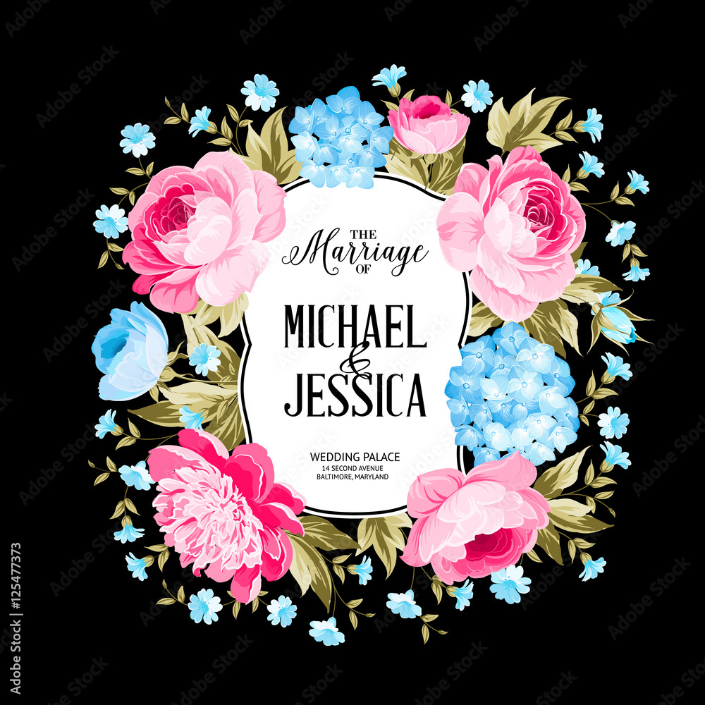 Marriage invitation card. Spring flowers bouquet of rose, peony and hydrengea garland. Wedding ...