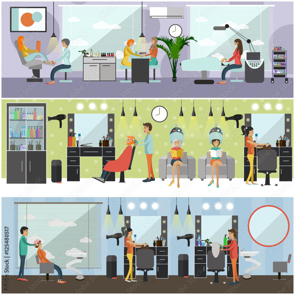 Beauty salon interior vector concept banners. Haircut, manicure and ...