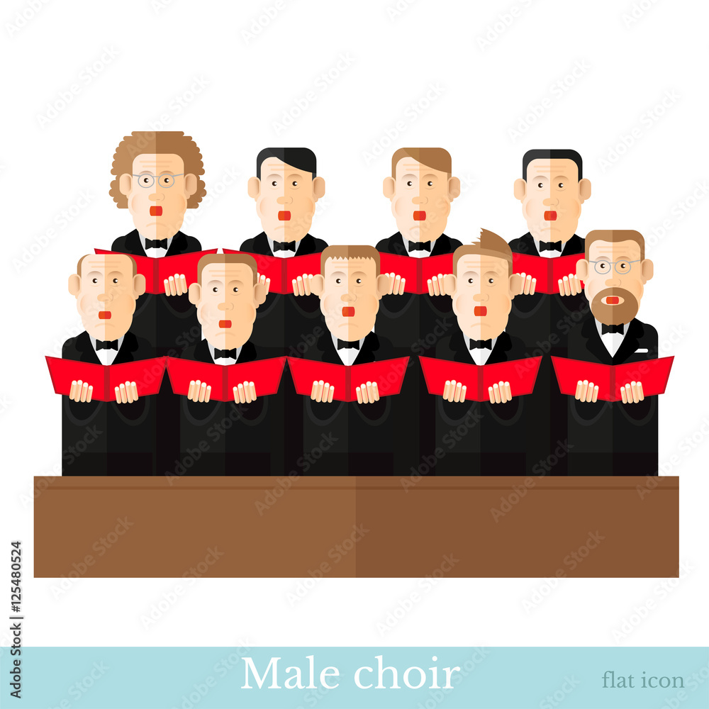 Flat style male choir in two raws with black suits and red cover notes ...