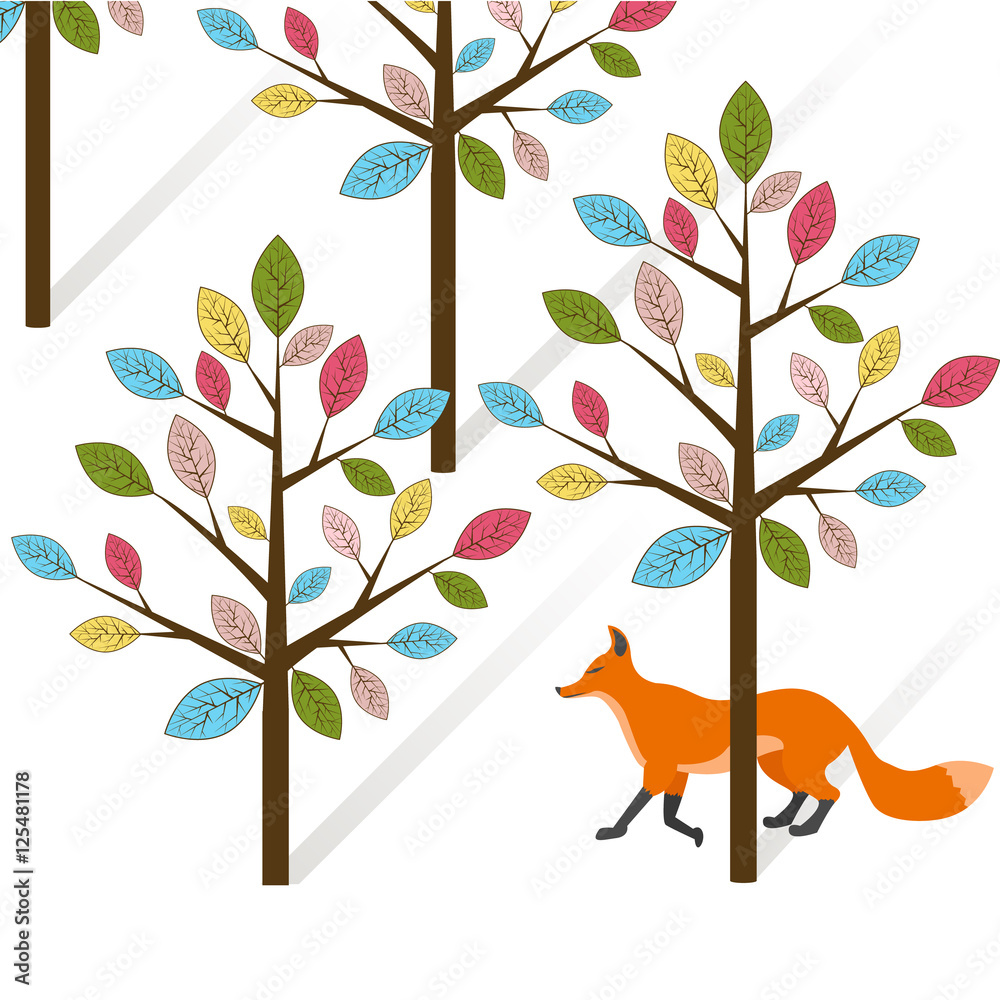 Vector flat illustration of a red fox that walks in the woods among the ...