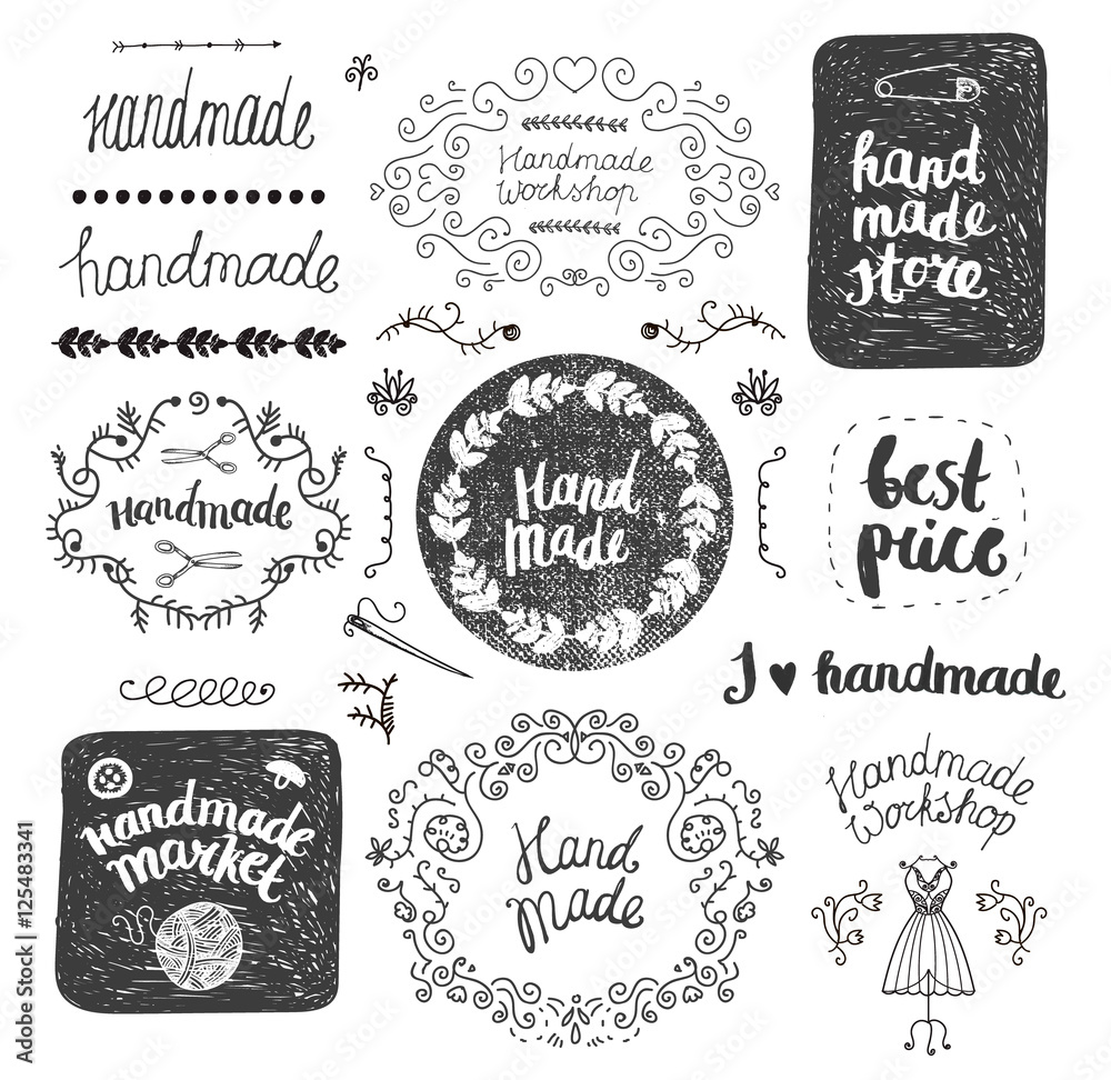 Vector set of hand drawn doodle frames, badges. Handmade, workshop ...