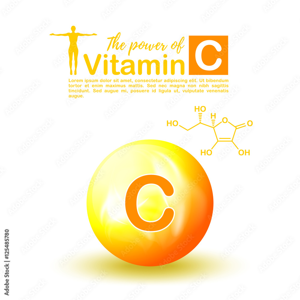 Nutrition sign vector concept. The power of vitamin C. Chemical formula ...