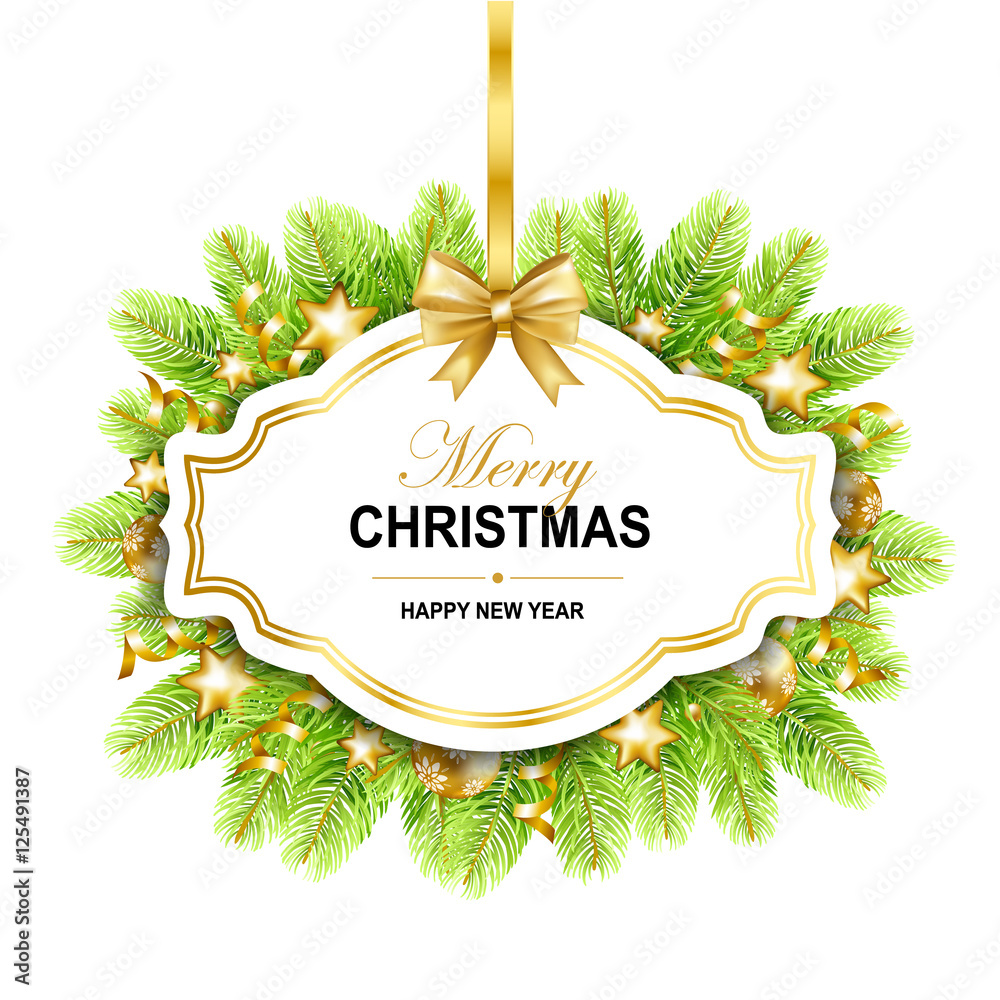 Merry Christmas frame with gold ribbon, stars, balls and fir-tree ...